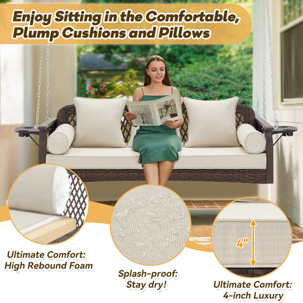 Winston Porter 3 Seat Wicker Hanging Porch Swing, 60In Patio Swing Bench With Tea Trays & 3 Back ...